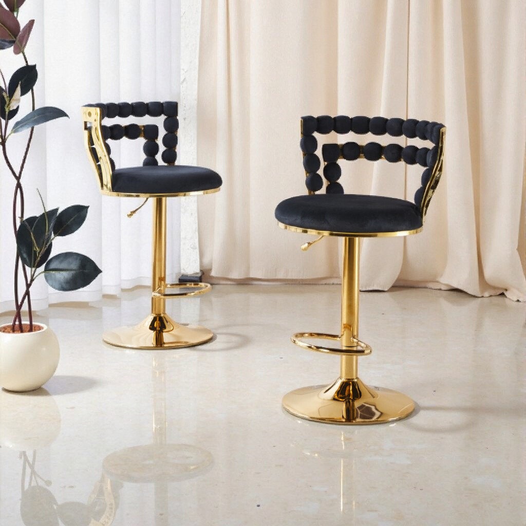 Everly Quinn Modern Gold-Tube Bar Stool Set of 2 - Plush Grey Cushioned ...