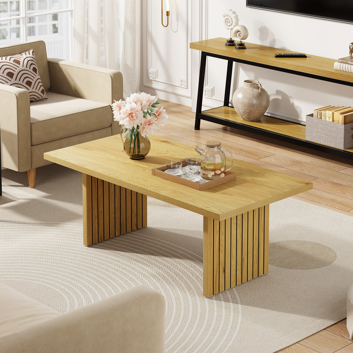 Ebern Designs Wood Coffee Table, Farmhouse Minimalist Center Table ...