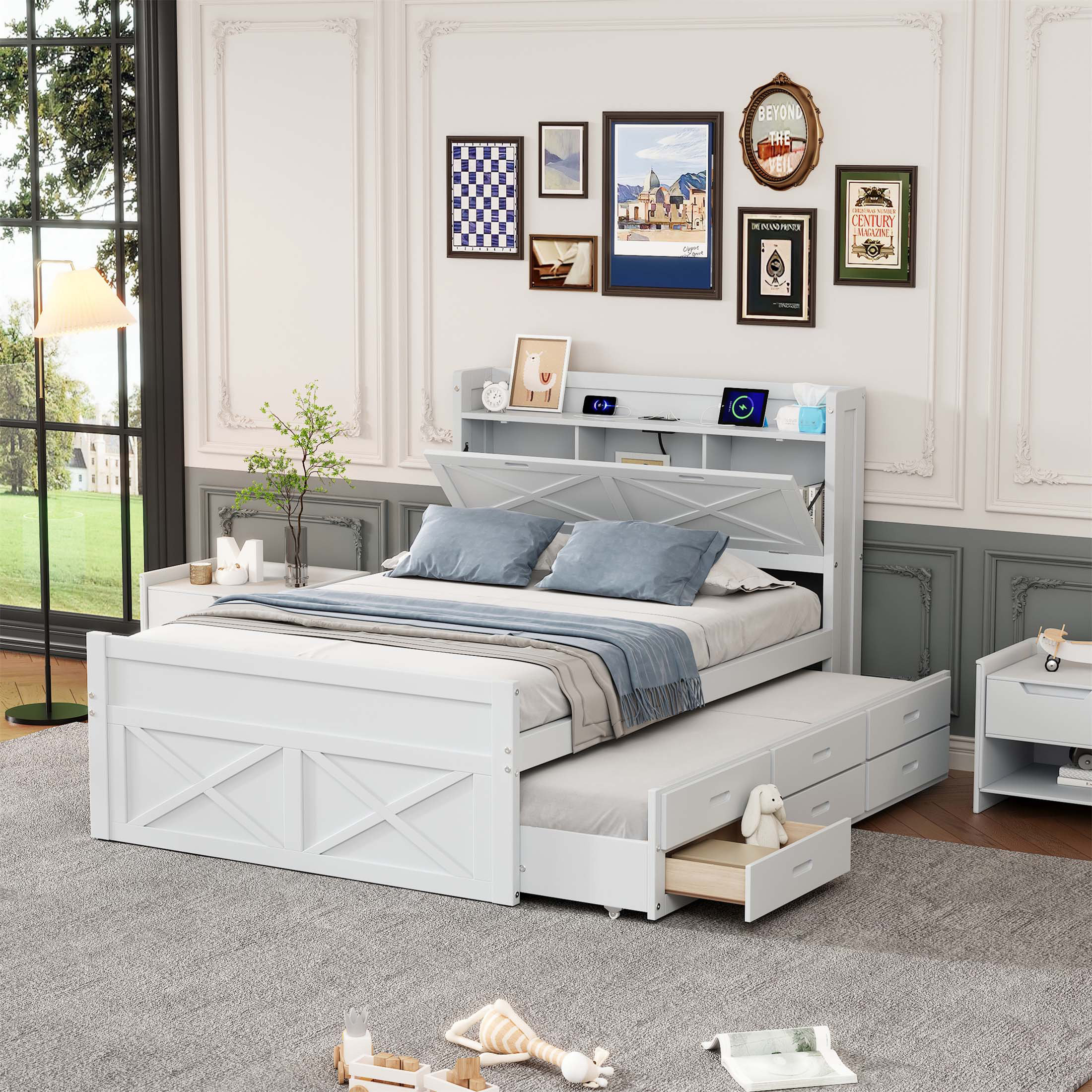 NINGBOZHENEN Extendable Wooden Bed With Storage Headboard And Trundle ...