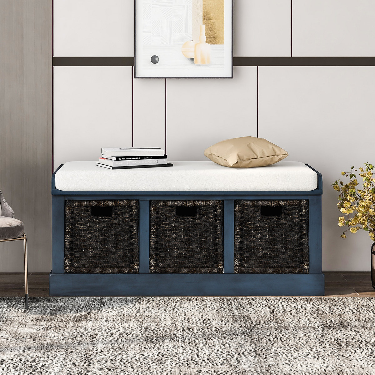 Dakota Fields Rustic Storage Bench With 3 Removable Classic Rattan ...