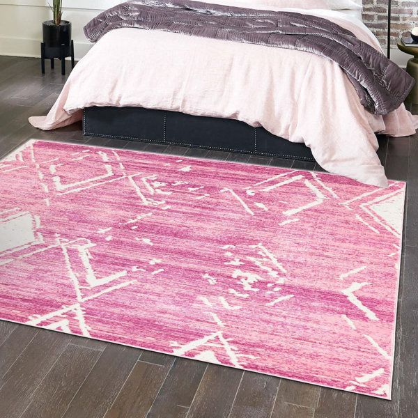 17 Stories Aimeeleigh Machine Woven Performance Pink/White Rug ...