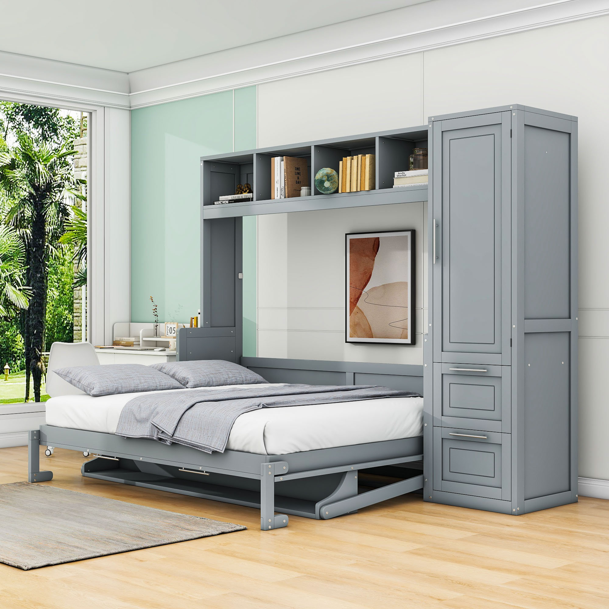 Red Barrel Studio® Desrae Wooden Murphy Bed with Closet and 2 Drawers ...