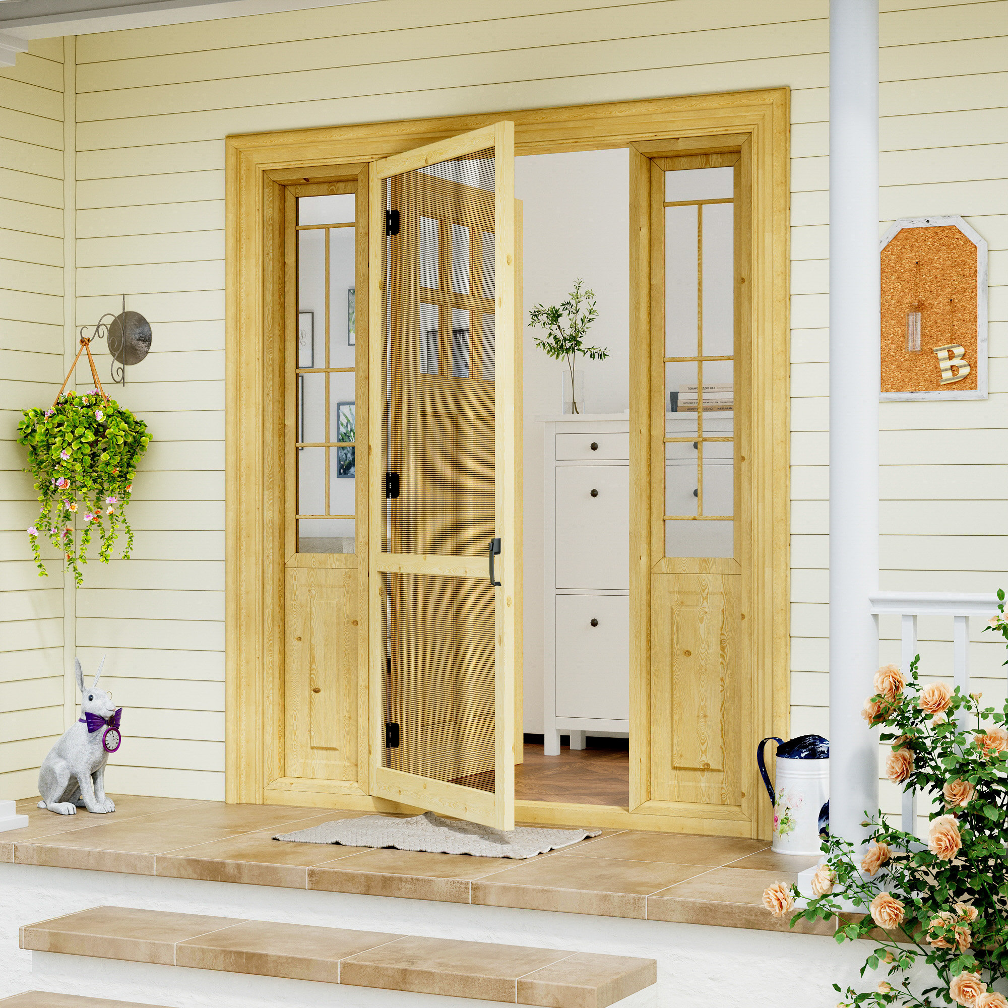 Buildsy 80 in. 2 Lite Universal Unfinished Pine Gauze Mesh Screen Door ...