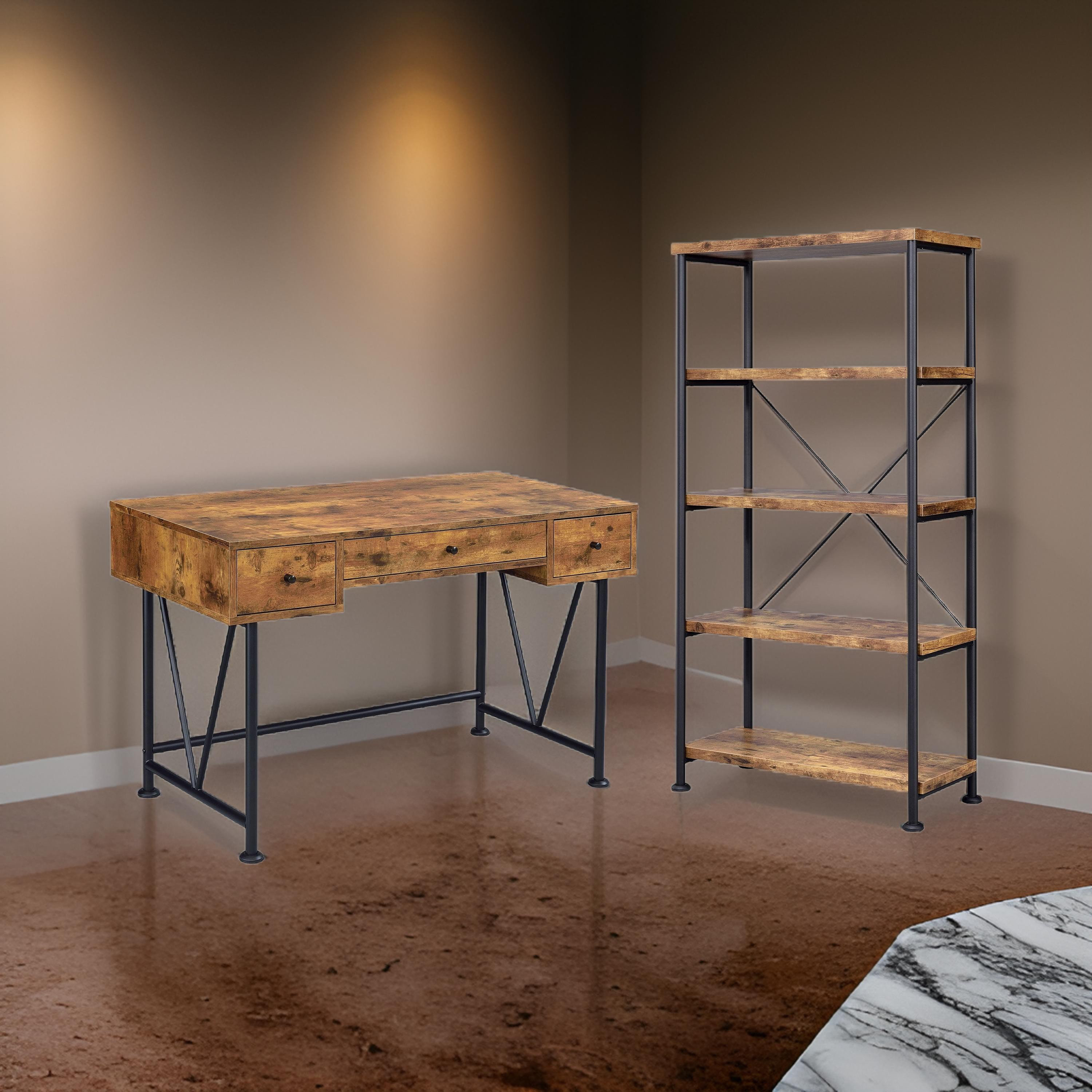 Benjara 2 Piece Writing Desk With Bookshelf Unit, Rustic Brown, Black ...