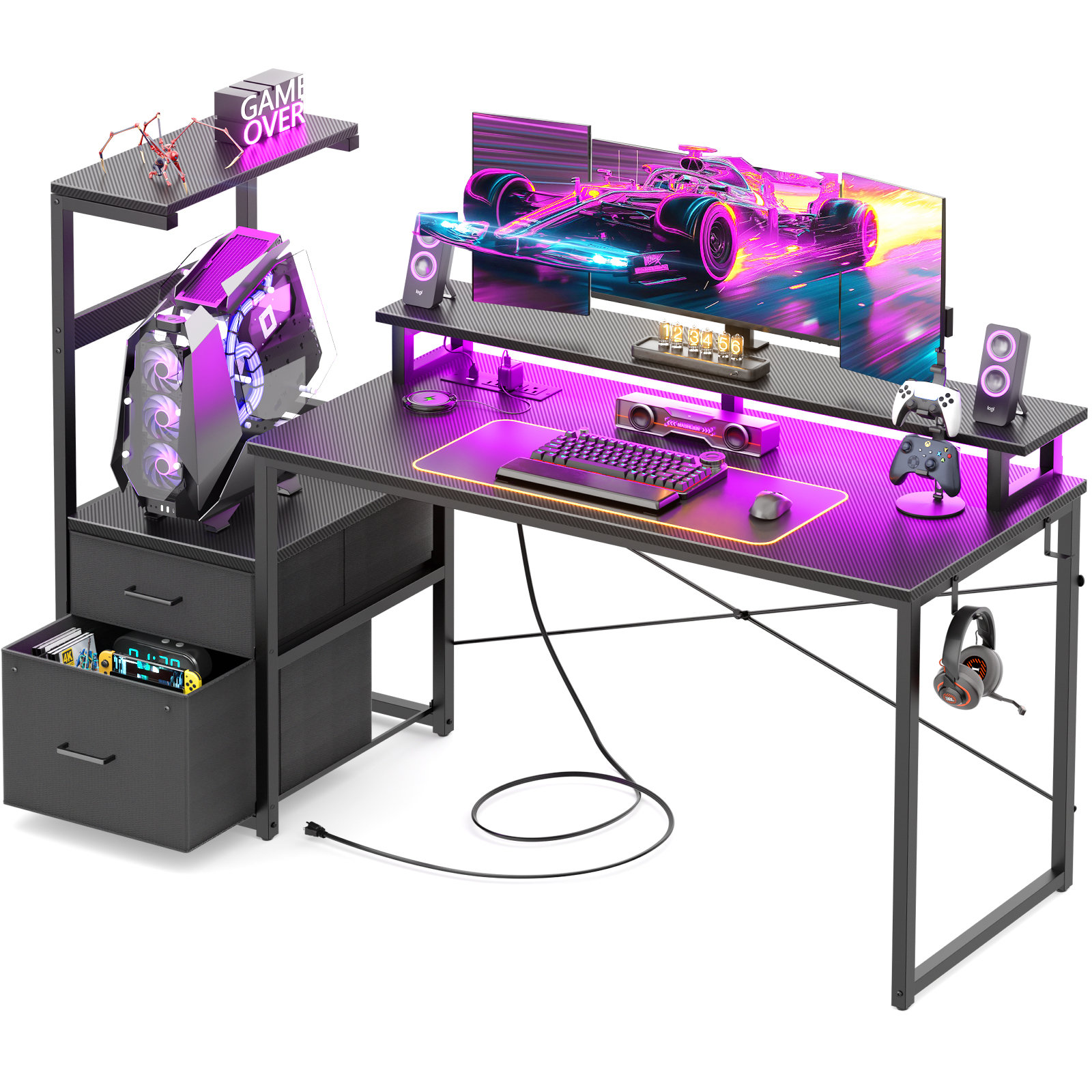 Inbox Zero 60'' Reversible Gaming Desk With Monitor Stand & Fabric ...
