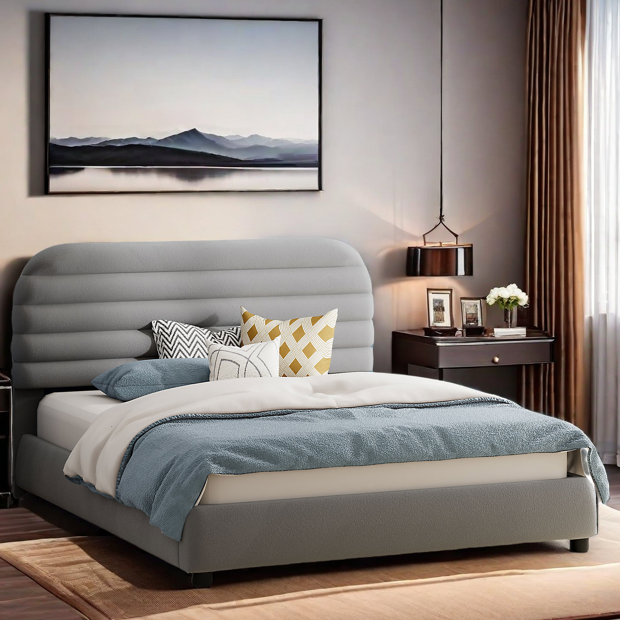 Mercer41 Riggio Velvet Upholstered Platform Bed with Curve-shaped ...