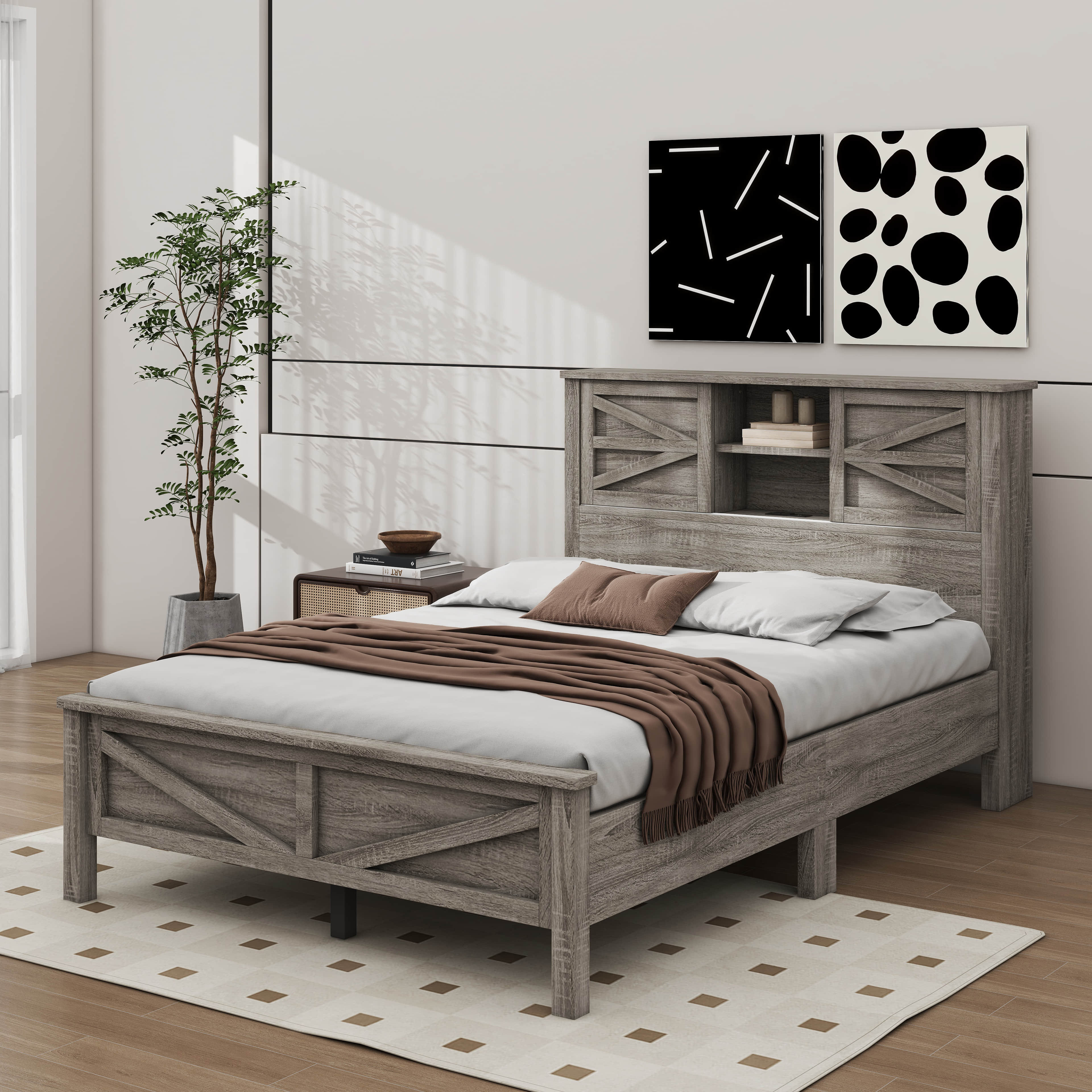 Gracie Oaks Rustic Farmhouse-Style Full Platform Bed With Integrated ...