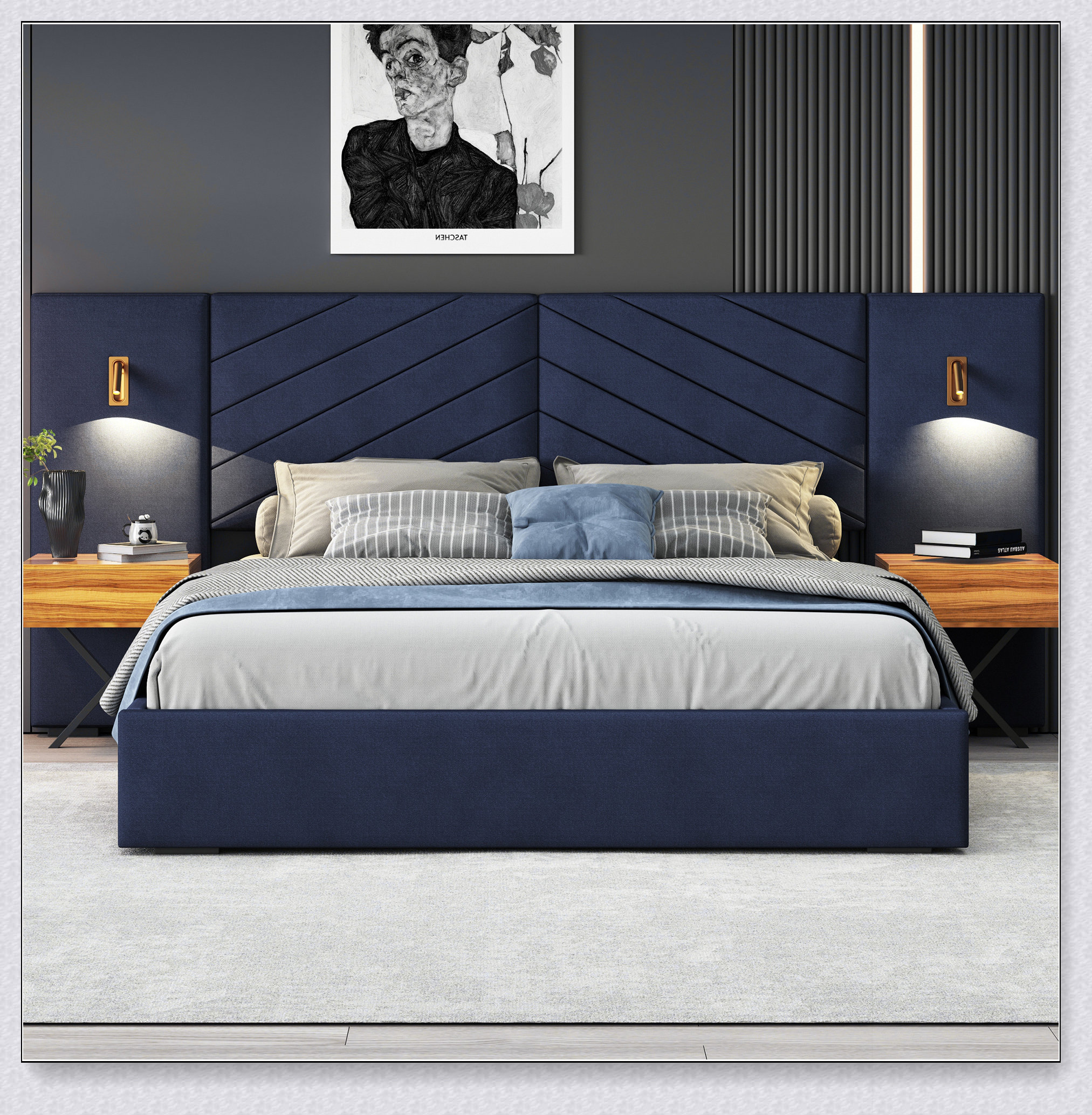 Everly Quinn Velvet Bed Frame/Vertical Channel Tufted Wingback ...