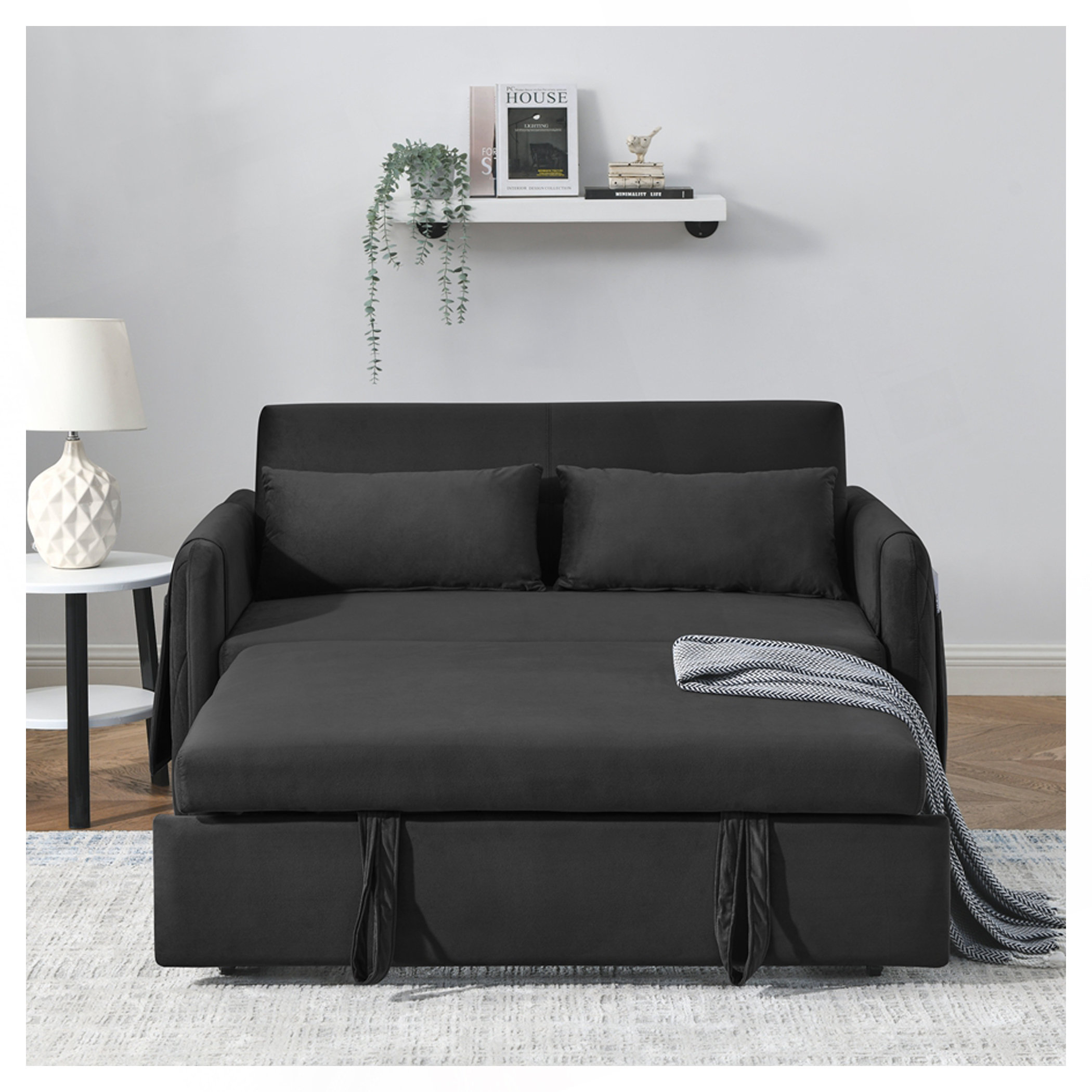 Mercer41 55" Modern Convertible Sofa Bed With 2 Detachable Arm Pockets ...