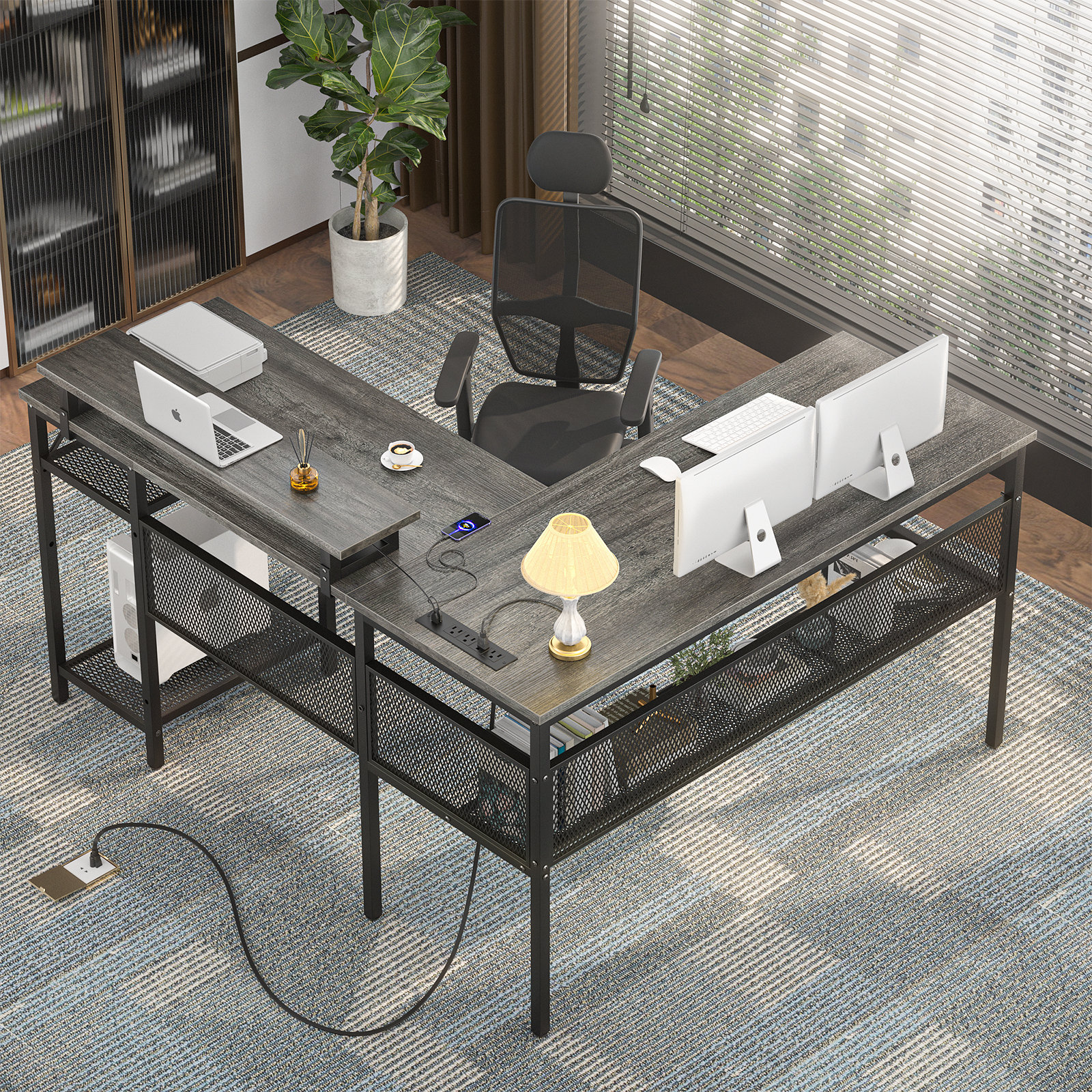 Ebern Designs Toria 55'' L-Shaped Desk with Storage, Power Outlets and ...