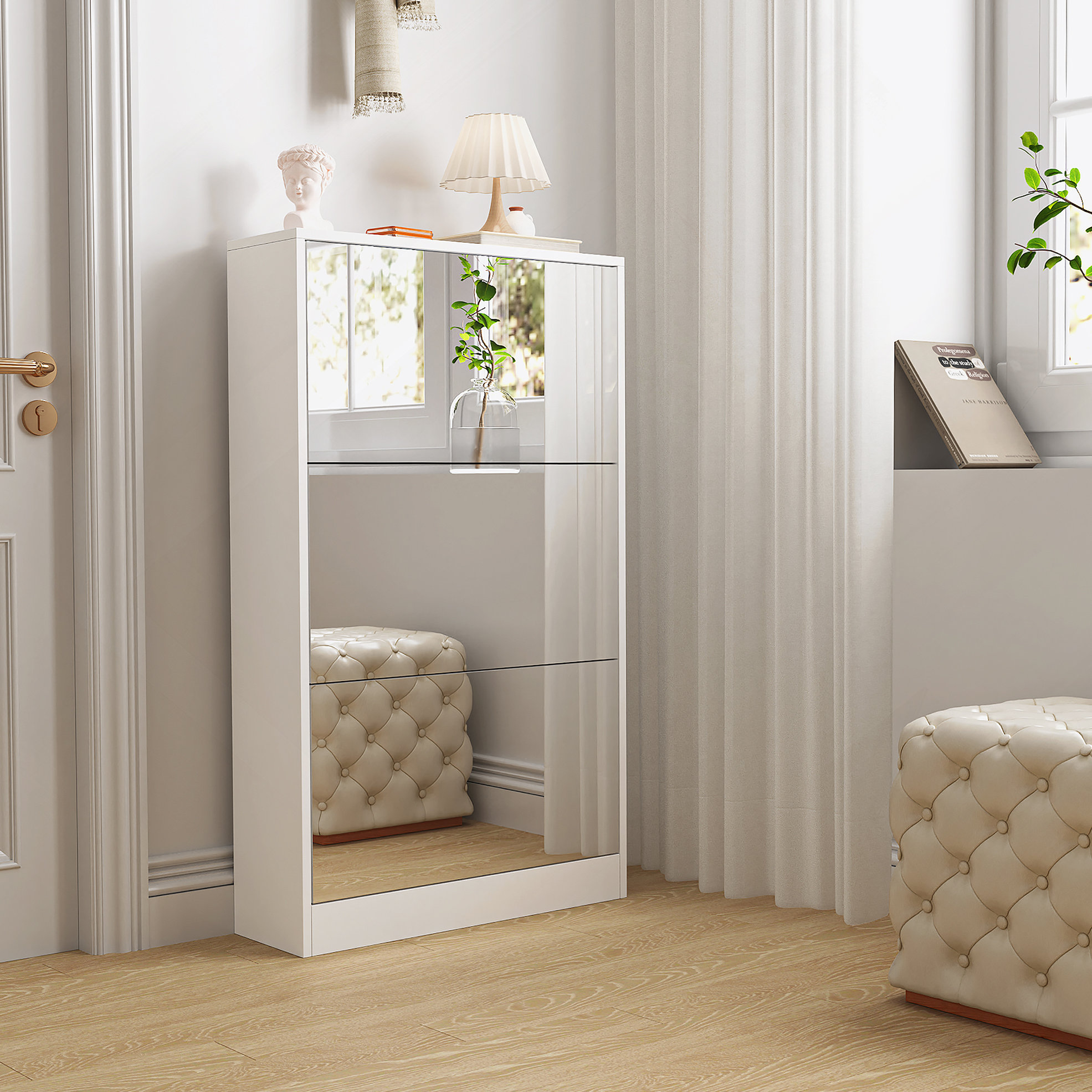 Latitude Run® Mirror Shoe Rack Organizer with 3 Flip Drawers, Shoe ...