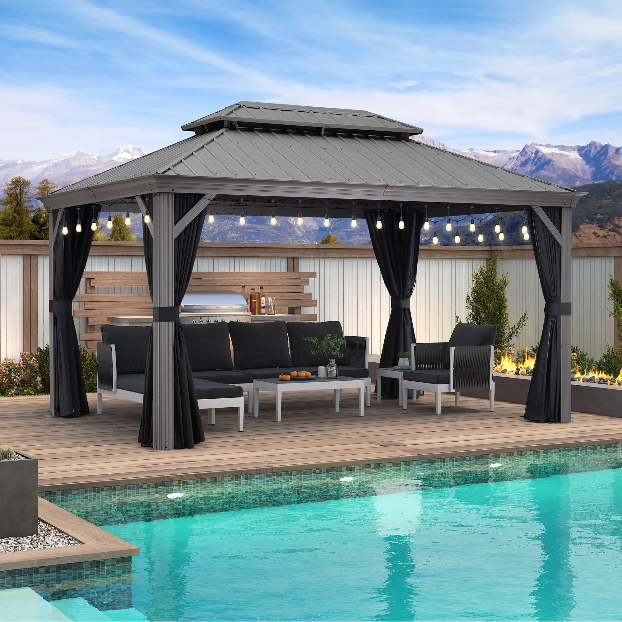 Purple Leaf 10' X 14' Hardtop Gazebo With String Lights Galvanized ...