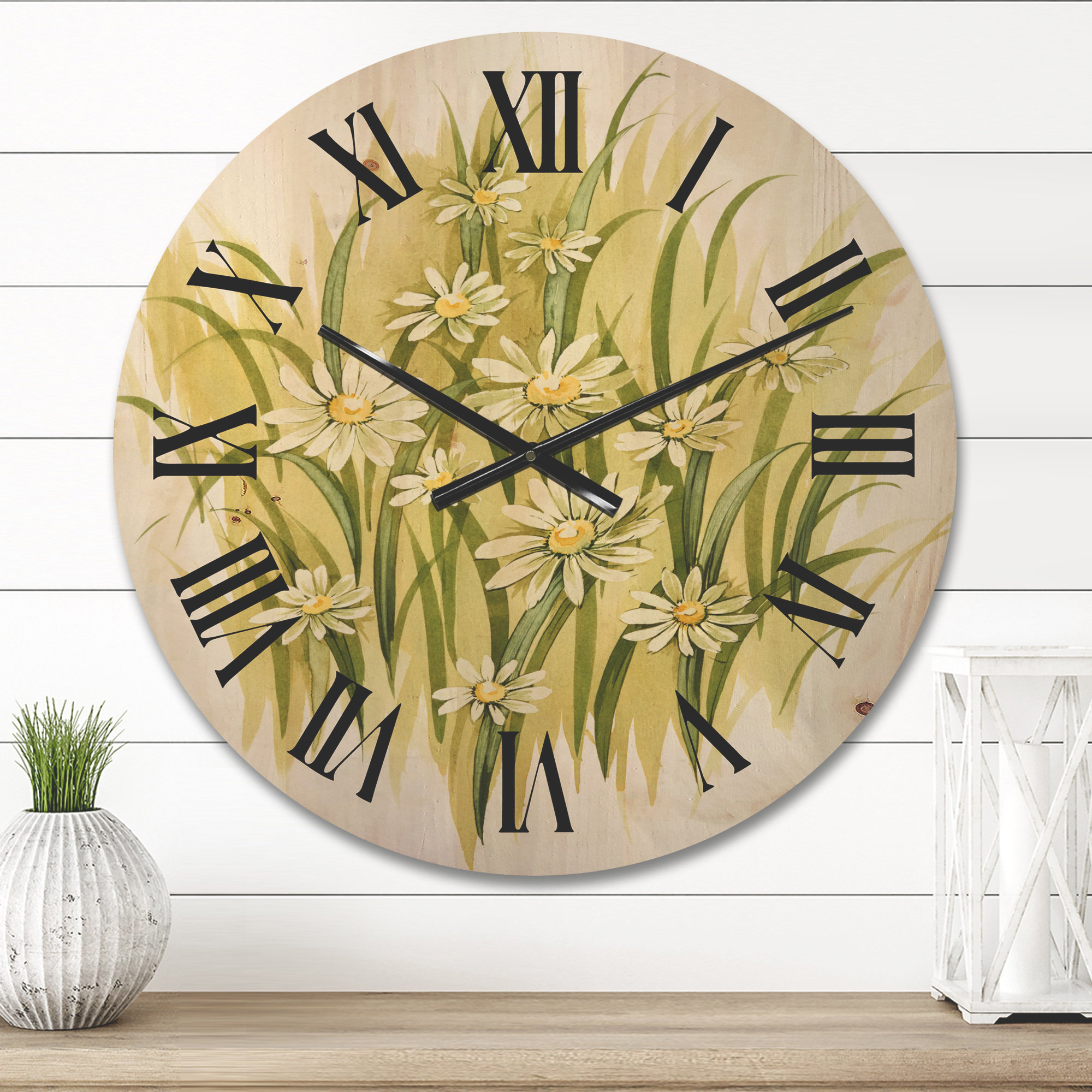 East Urban Home White Meadow Flowers - Traditional Wood Wall Clock ...