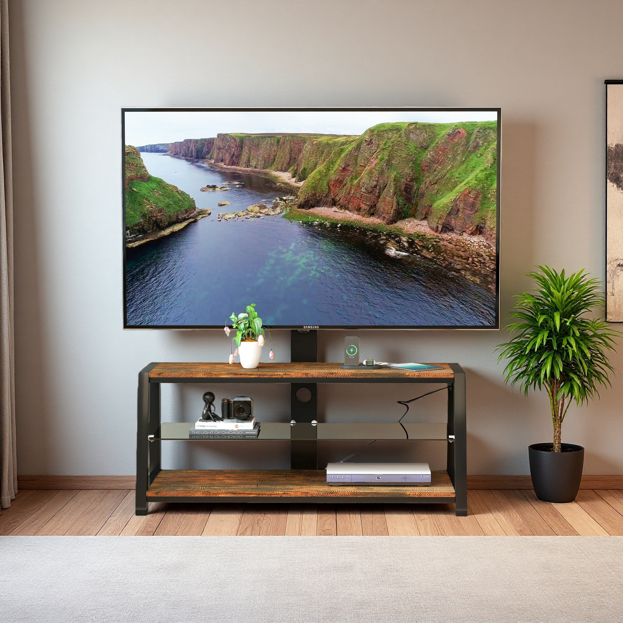 Symple Stuff Wooden Storage TV Stand Tempered Glass Height Adjustable ...