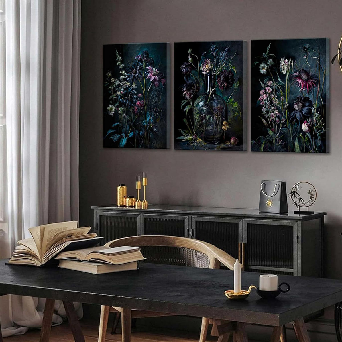 Lark Manor™ 3 Pcs Dark Academia Floral Canvas Wall Art Vintage Moody ...