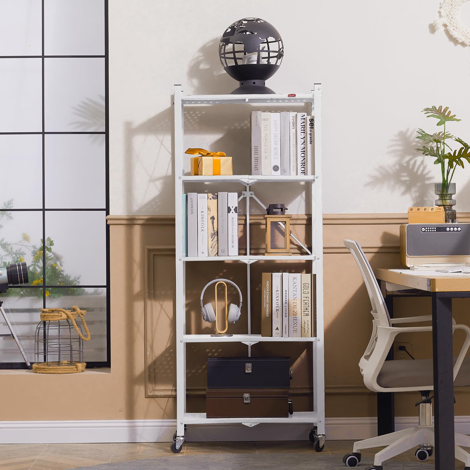 Rebrilliant Heavy-Duty 5-Shelf Foldable Bookcase With Wheels, Metal ...