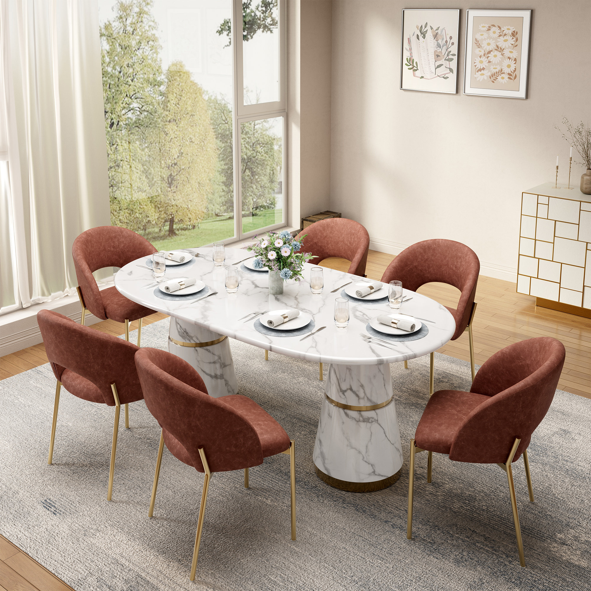 Everly Quinn 7-Piece Marble Top Pedestal Dining Set | Wayfair