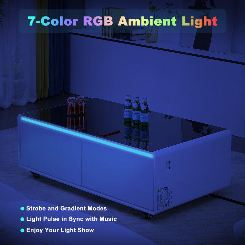 Hokku Designs Comaneci Smart Coffee Table with 135L Fridge, Bluetooth ...