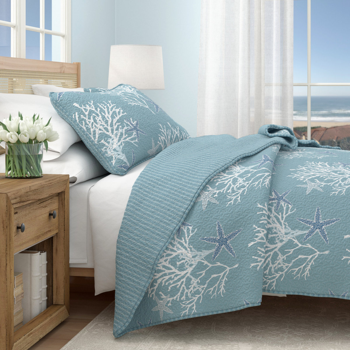 FreshFolds Coral / Starfish Reversible Coastal Quilt Set with Shams ...