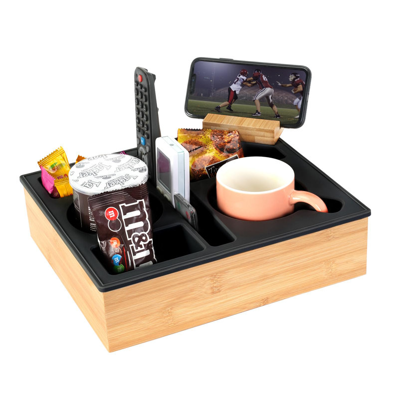 Latitude Run® Couch Cup Holder Tray, Silicone Bamboo Couch Caddy With ...