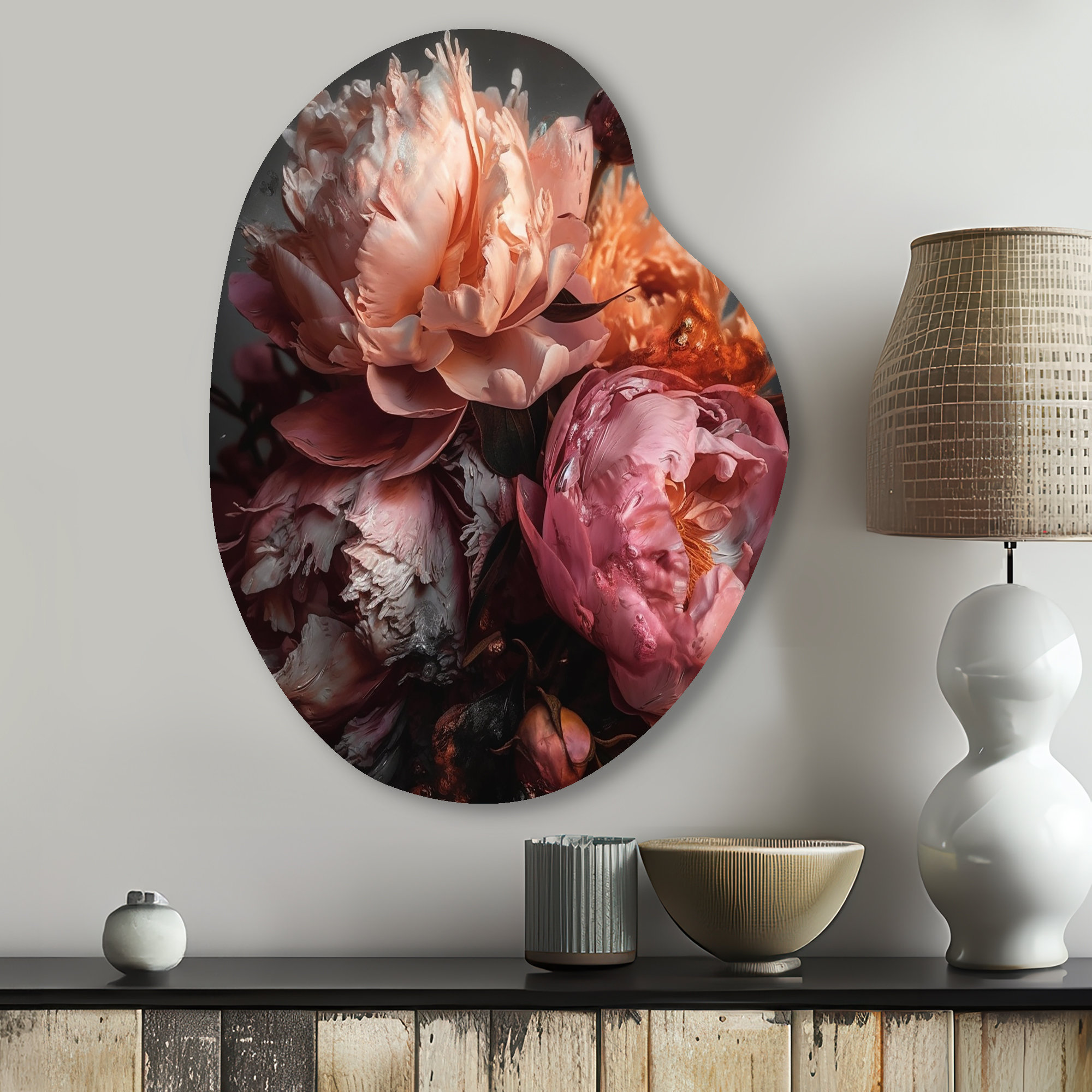 East Urban Home Espinal - Peonies Pear Shape Asymmetric Metal Wall Art | Wayfair