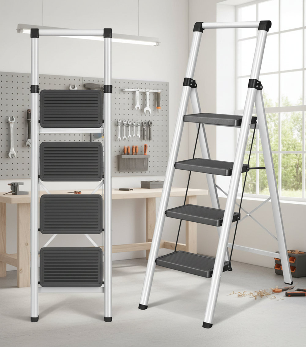 WFX Utility™ White/Red Folding Steel Four-Step Ladder For Home Use ...