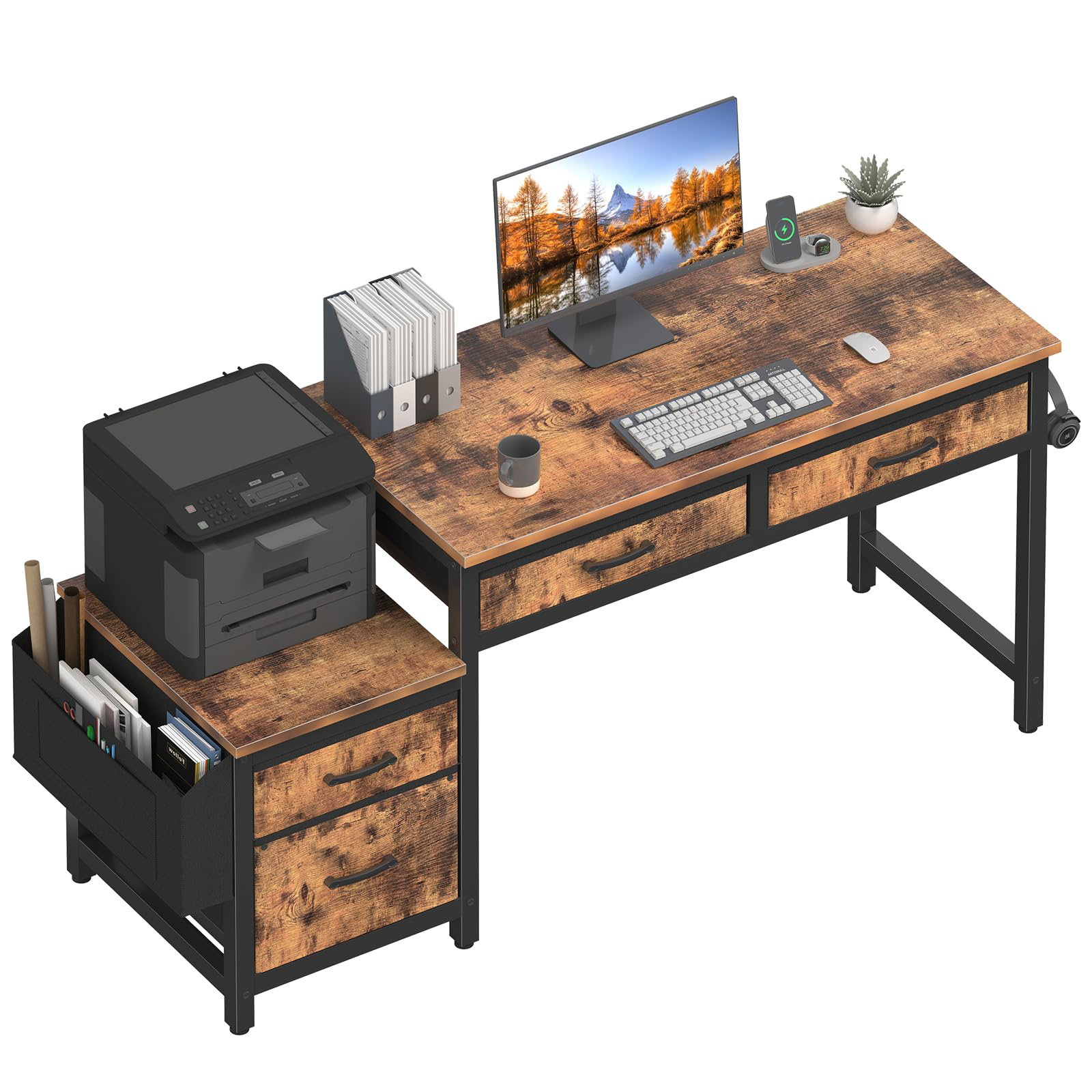 17 Stories Haddasah Computer Desk With Fabric File Drawers Cabinet, 57 ...