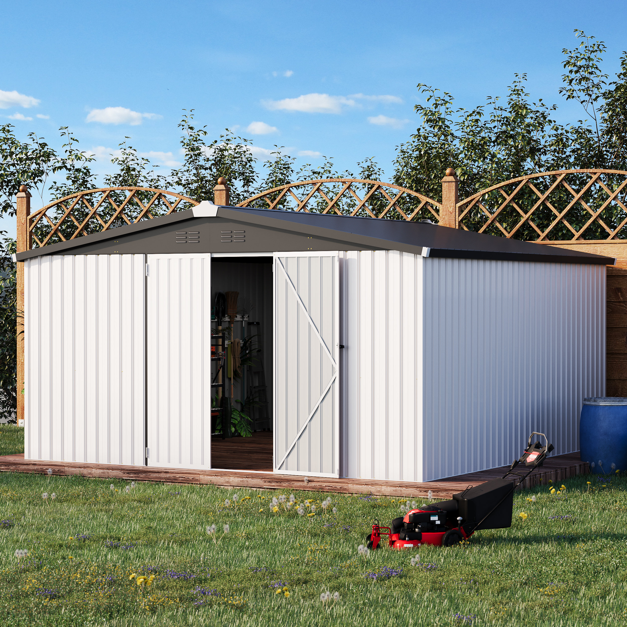 AECOJOY 12' x 12' Metal Storage Shed With Design Of Lockable Doors ...