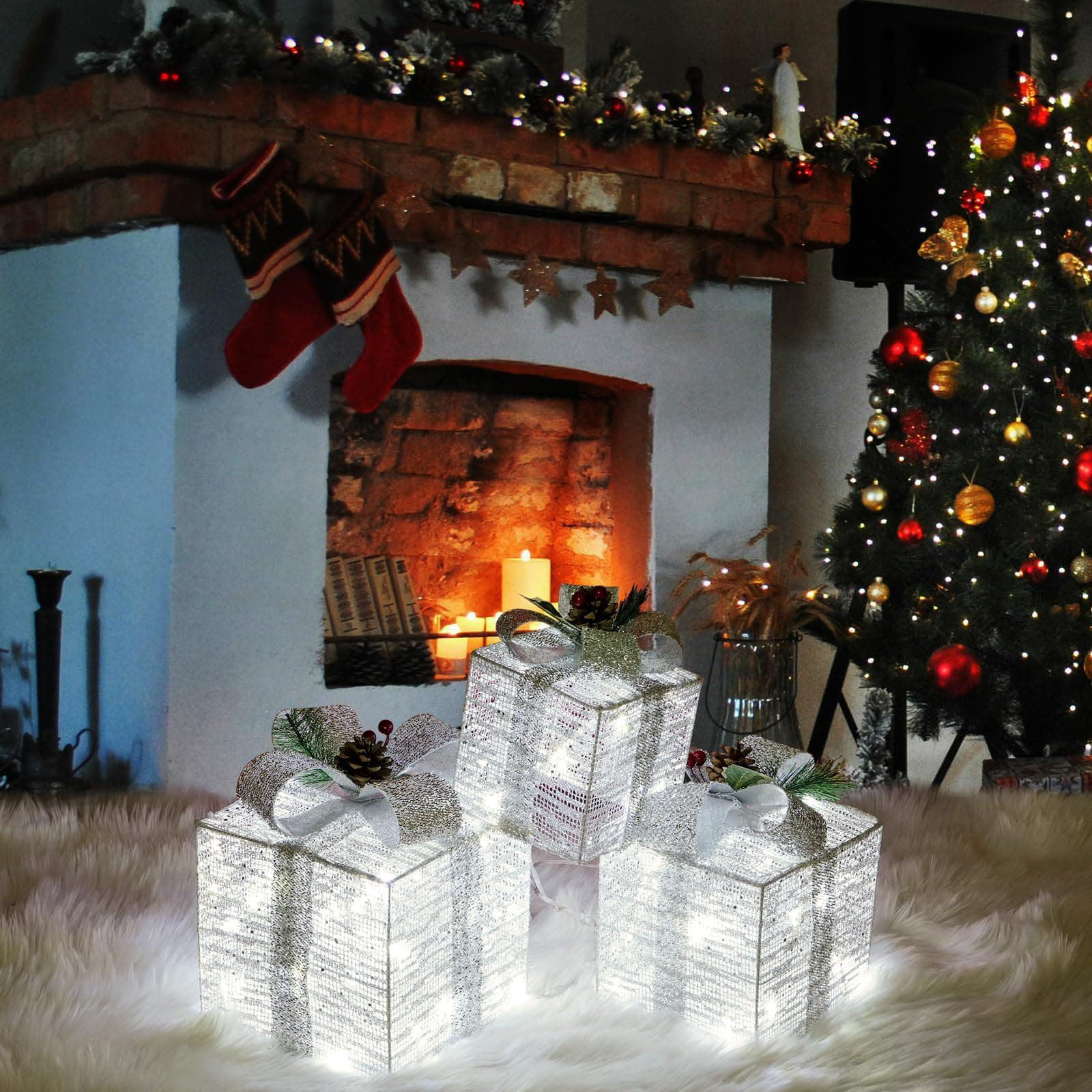 The Holiday Aisle® Set of 3 Christmas Lighted Gift Boxes, Pre-lit 63LED ...