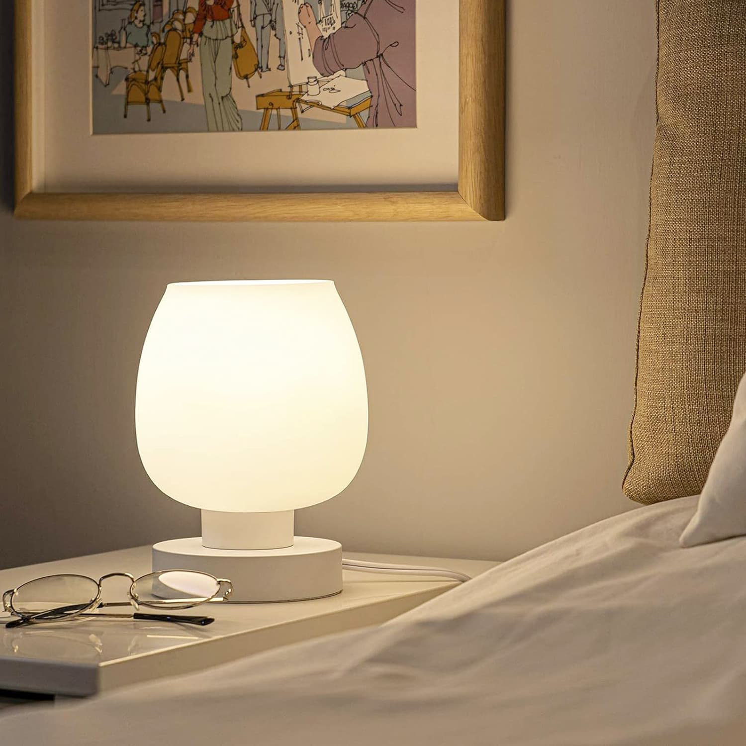Ebern Designs Touch Bedside Lamp, Bedroom, Living Room, White Opal ...