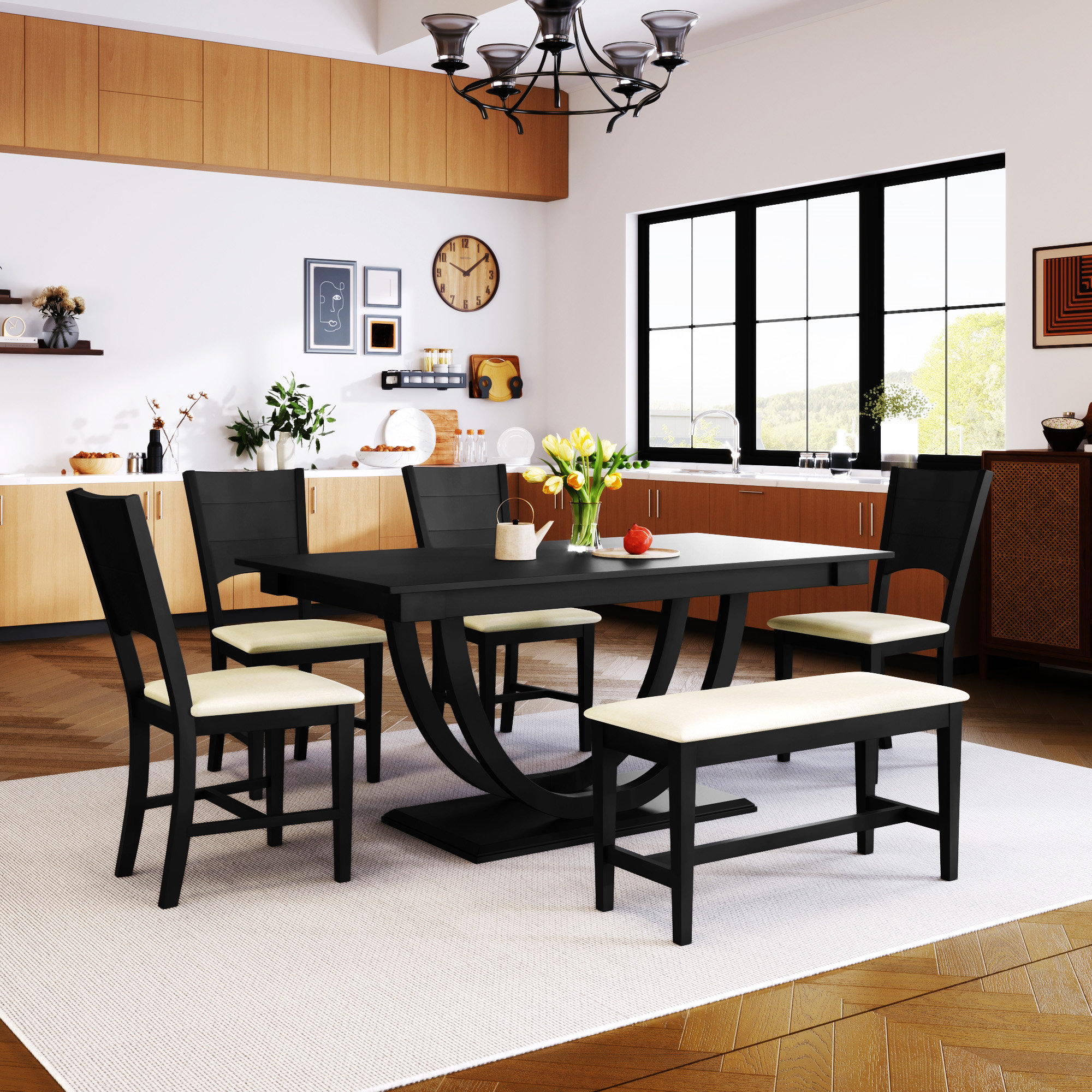 August Grove® 6-Piece Wood Half Round Dining Table Set Kitchen Table ...