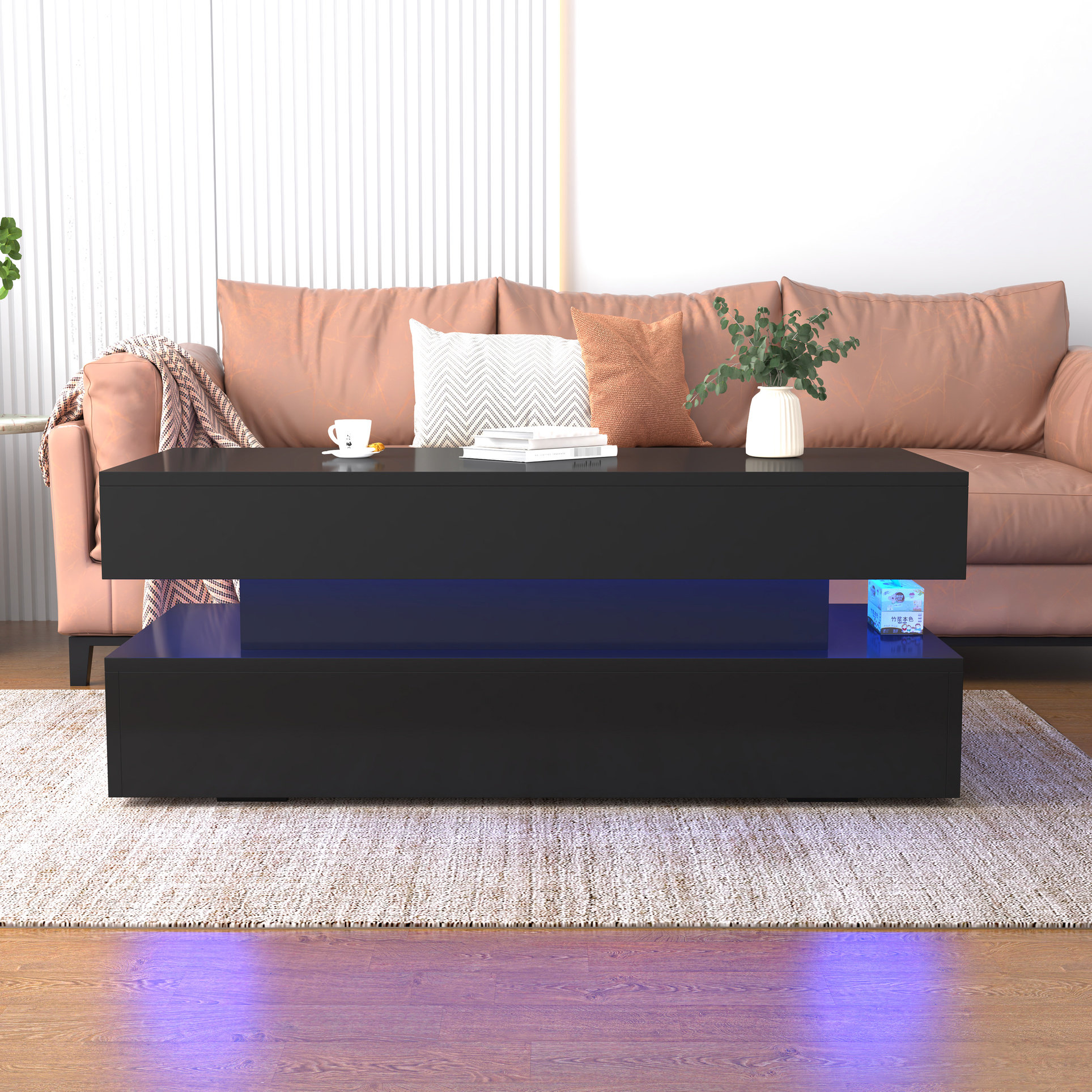 Ivy Bronx Foldable Three Coffee Table With Drawers And Led Luminous ...