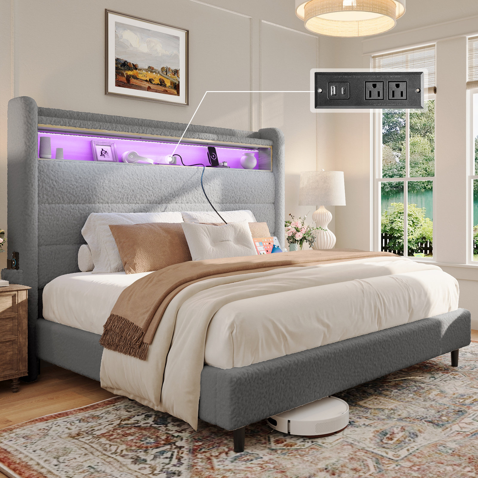 Ivy Bronx Briceson Bed Frame With Led Lights Charging Station Tall ...