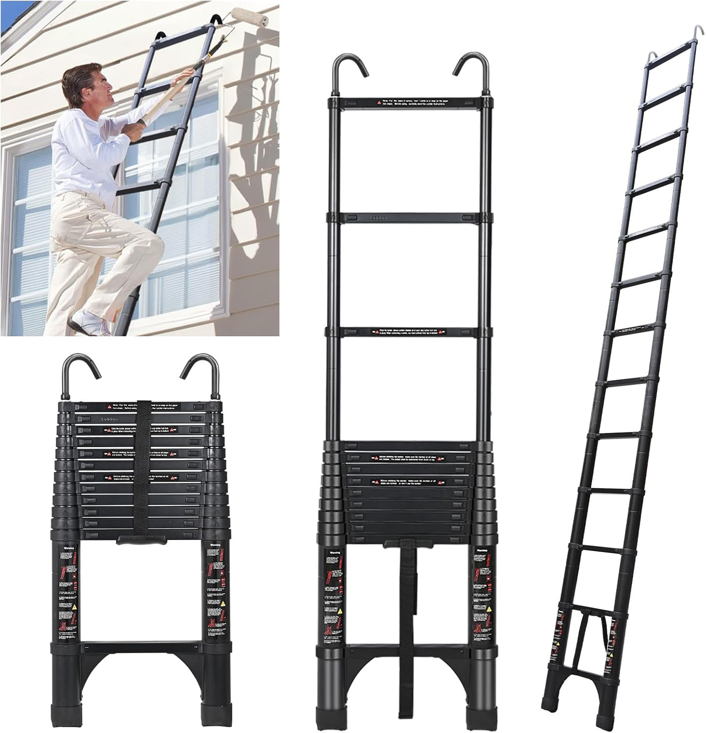 WFX Utility™ 12.5 FT Telescopic Ladder, Aluminium Black Telescoping ...