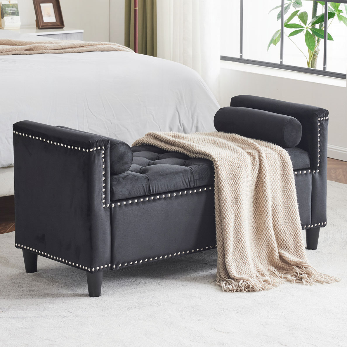 House of Hampton Button Bedside Storage Bench with Armrests, Nailhead ...