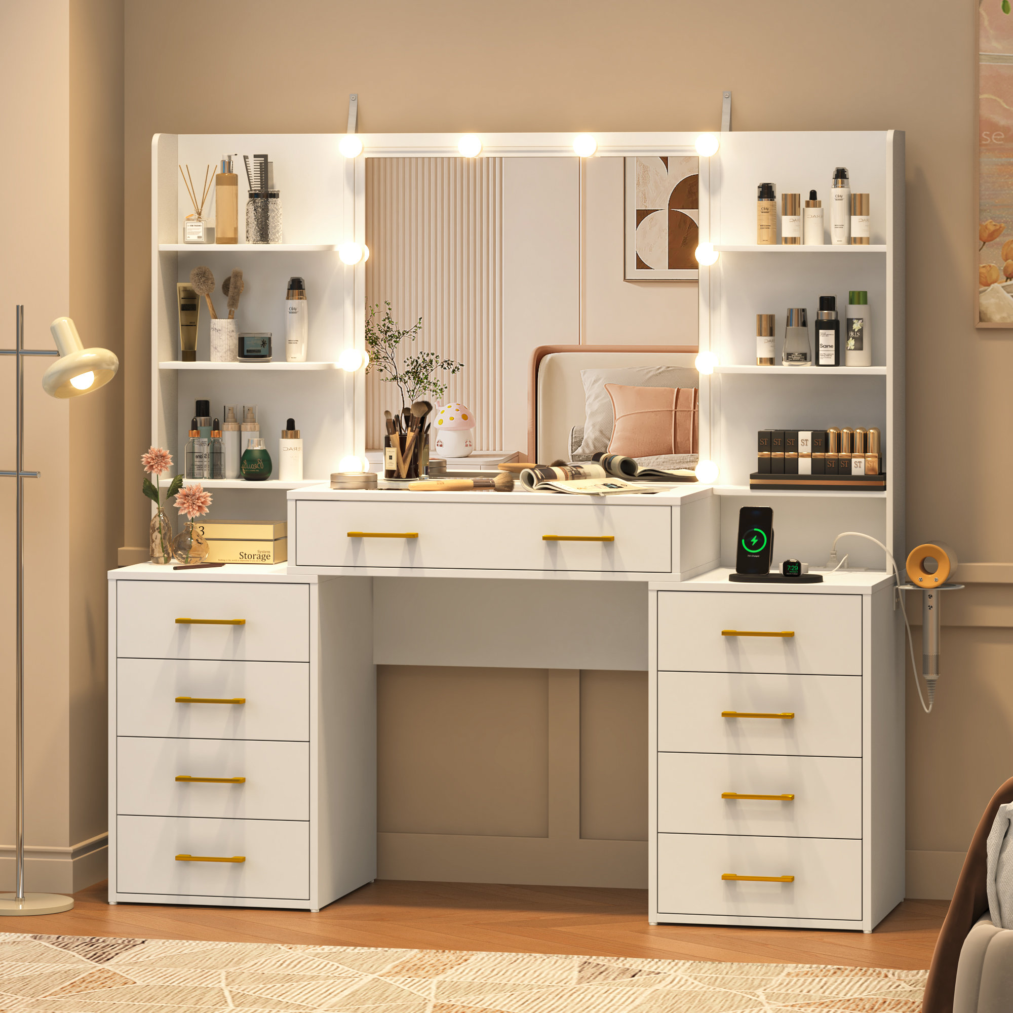 Mercer41 Tempered Glass Top Makeup Vanity Desk With LED Lights And ...