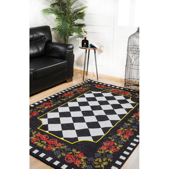 Bungalow Rose Cotton Black Machine Washable Indoor/Outdoor Rug | Wayfair