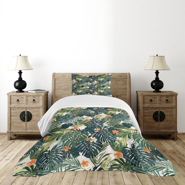 Ambesonne Hawaii Bedspread Set Colorful Polynesia Plant Jade Green Fern ...