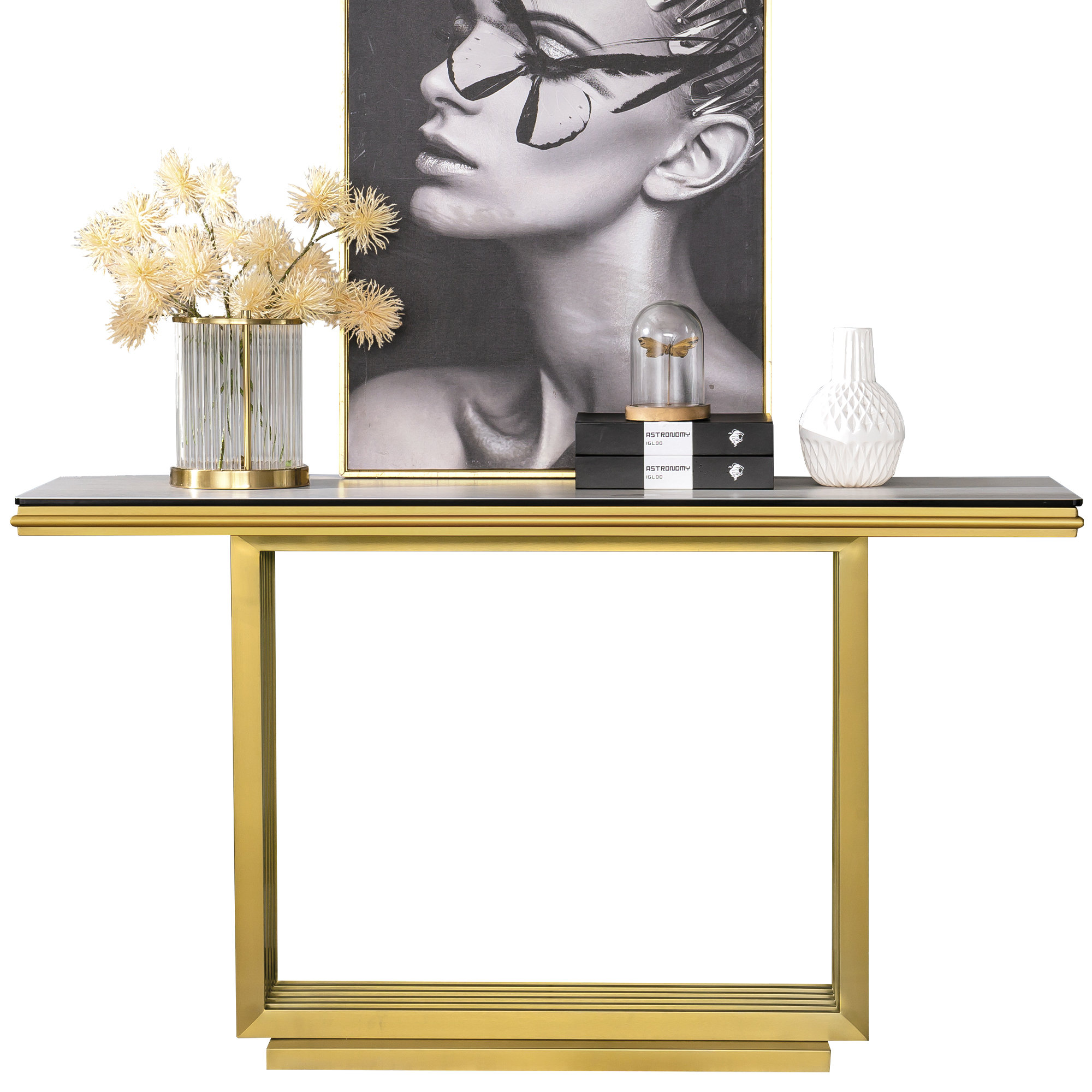 Everly Quinn Brushed Gold Console Table With Twilight Glass Top For ...