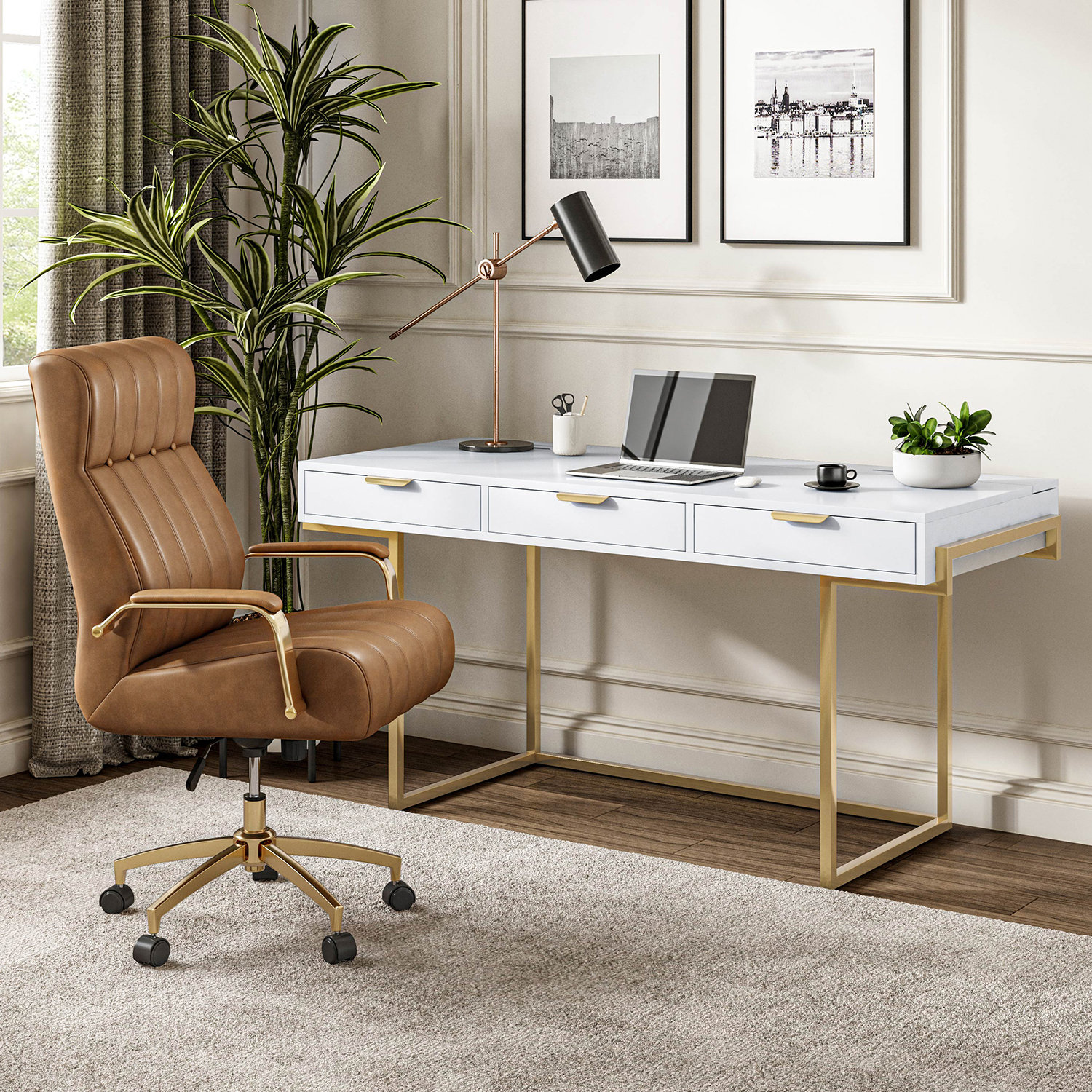 Mercer41 Leipzig Modern 2-Piece Desk Office Chair Set with Leather ...