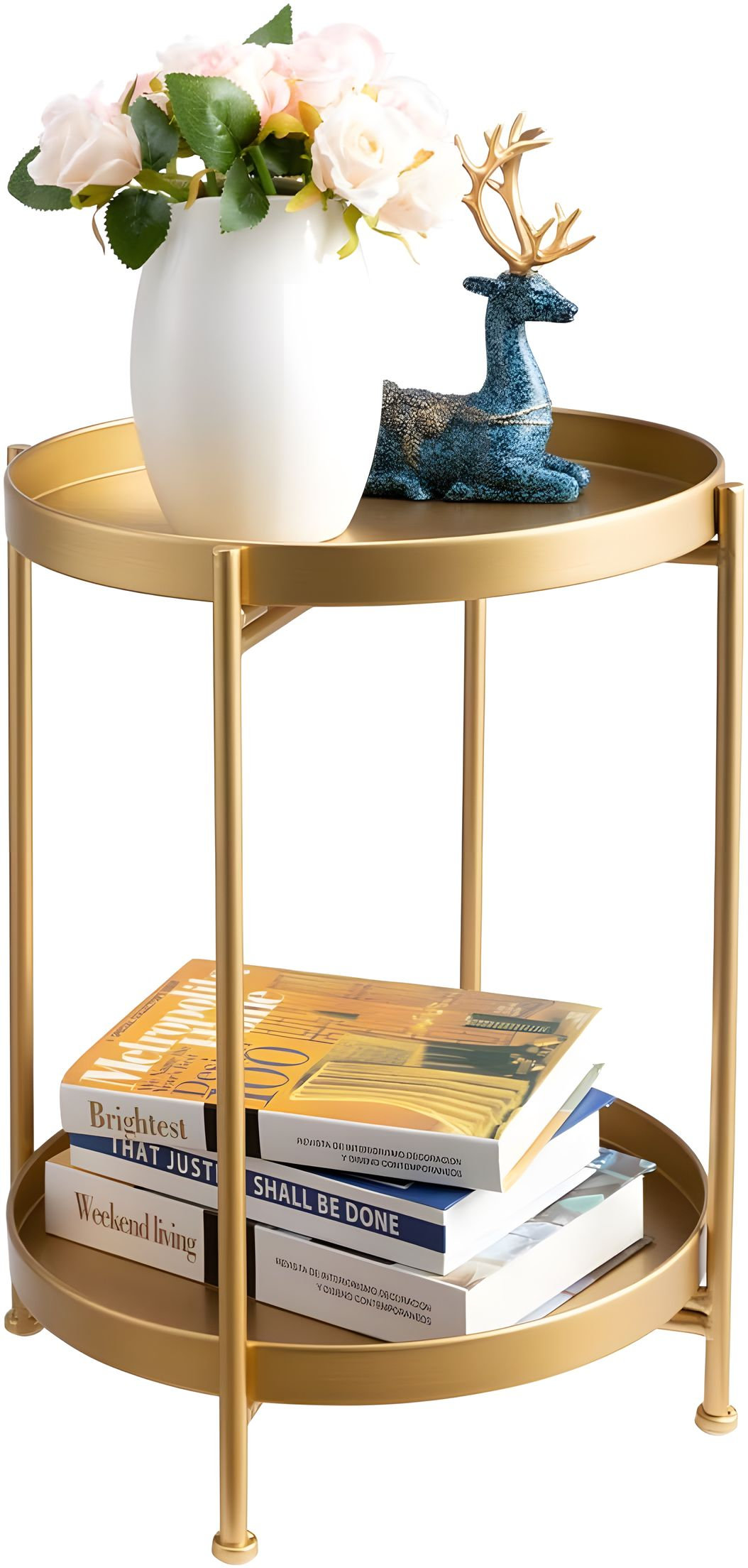 Everly Quinn Gold Round End Table - Durable Metal, Removable Tray ...