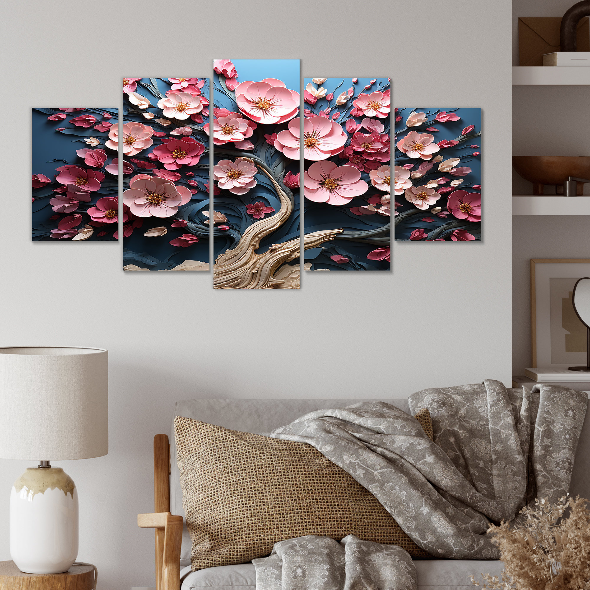 Design Art Dynamic White And Pink Petals Tree I - Tree Multipanel Wall ...