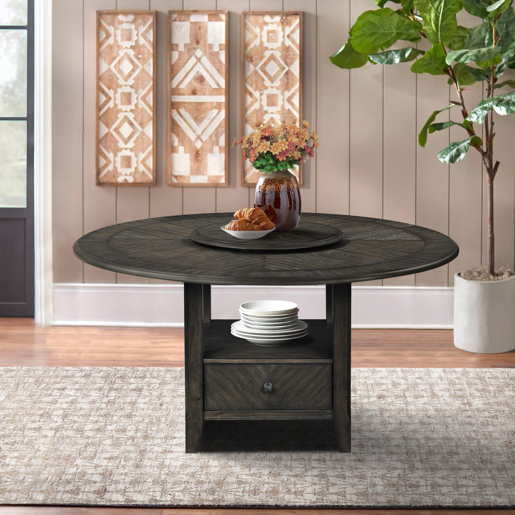 Wildon Home® Denholm Dark Cocoa Round Storage Dining Table With Drawer ...