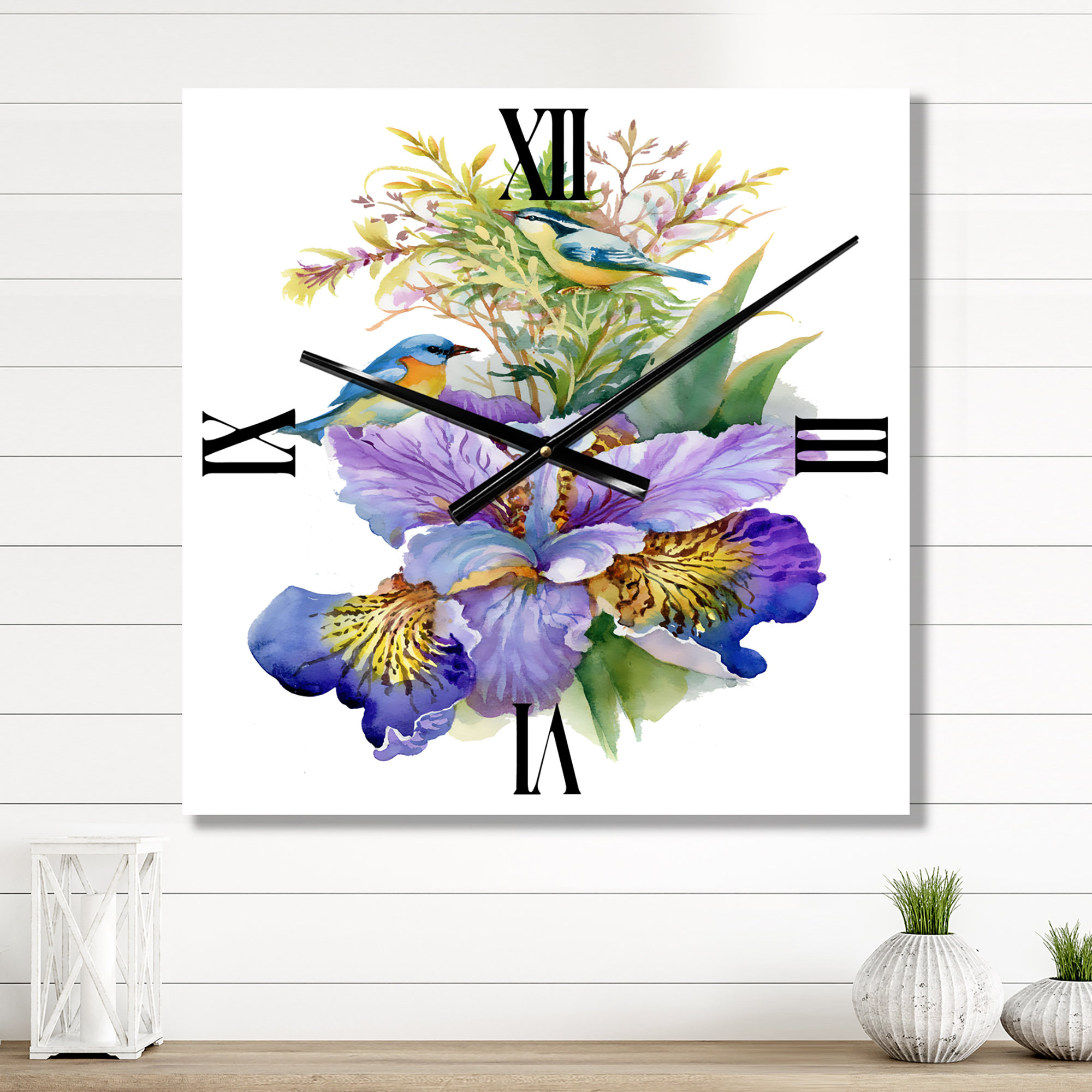 East Urban Home Purple Iris with Birds - Traditional Wall Clock | Wayfair