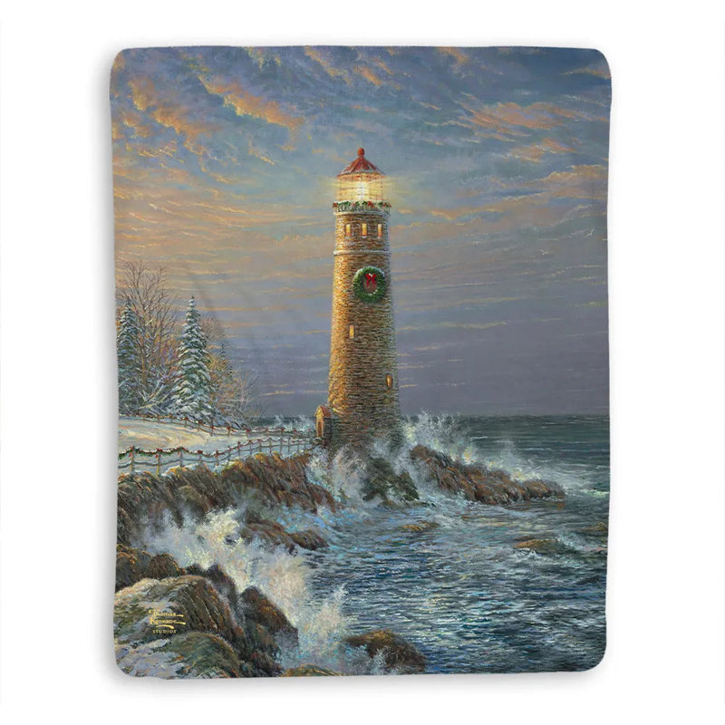 Laural Home Thomas Kinkade Christmas Lighthouse Sherpa Throw Blanket ...
