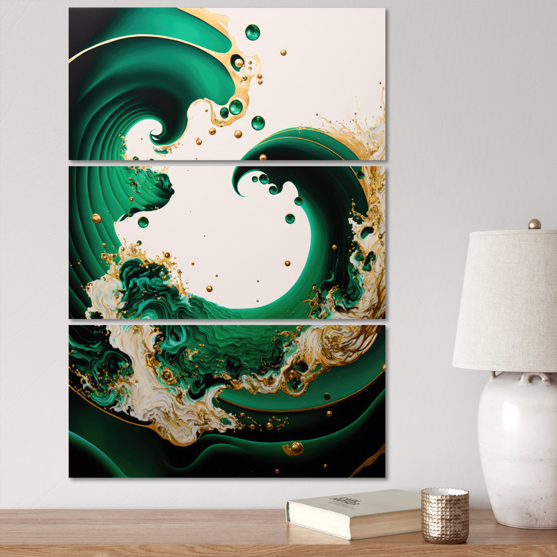 Orren Ellis Monjo Emerald Green And Gold Abstract Waves I On Canvas 3 ...