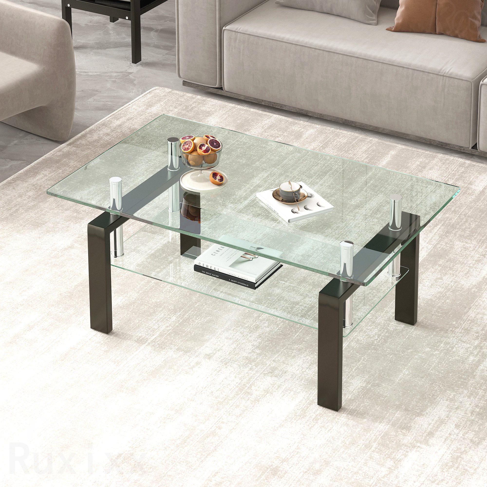 Latitude Run® Tempered Clear Glass Coffee Table Living Room 2-Layers ...