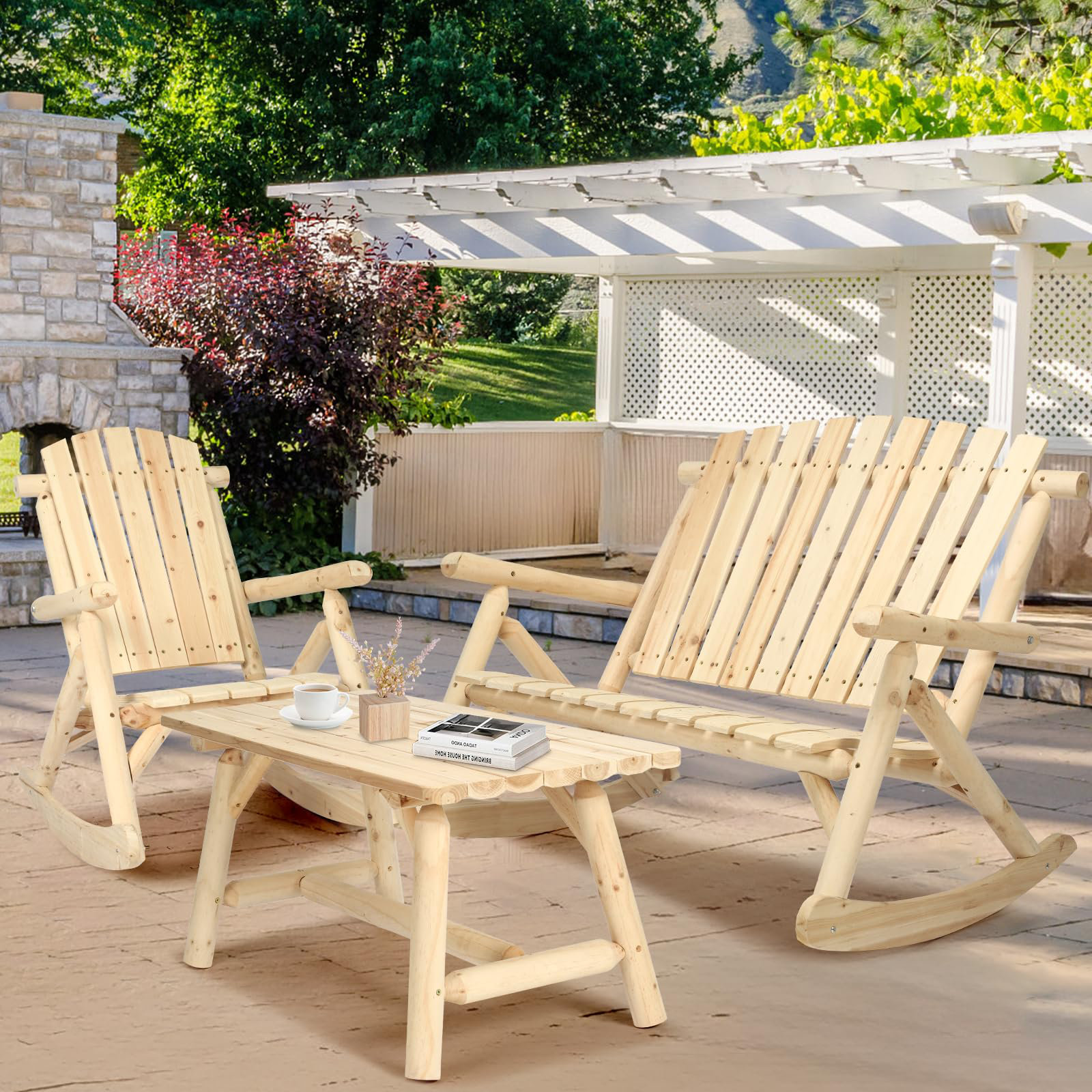 Millwood Pines 3-Piece Outdoor Wood Rocking Bistro Set, Adirondack ...