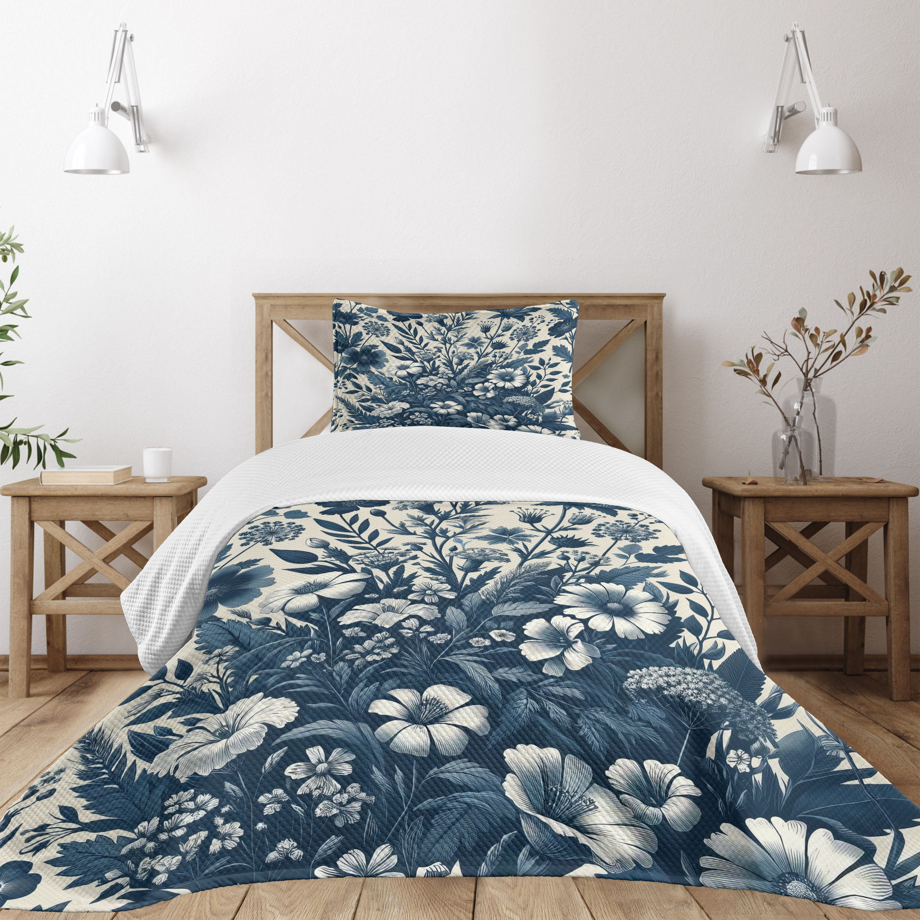 Ambesonne Navy Blue Bedspread Set Monochromatic Boho Daisy Dark Slate ...