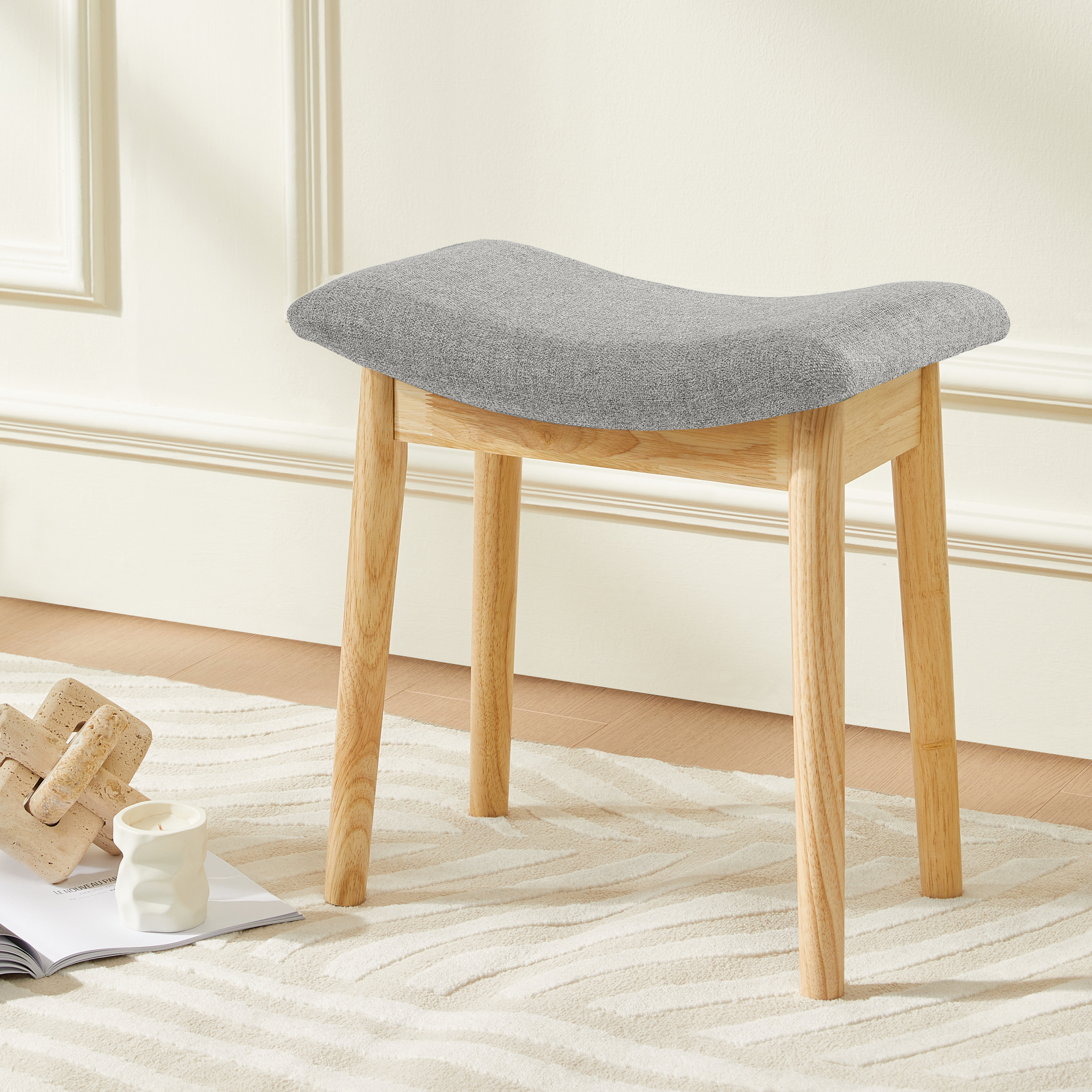 George Oliver Sowers Solid Wood Accent Stool with Fabric Upholstery ...